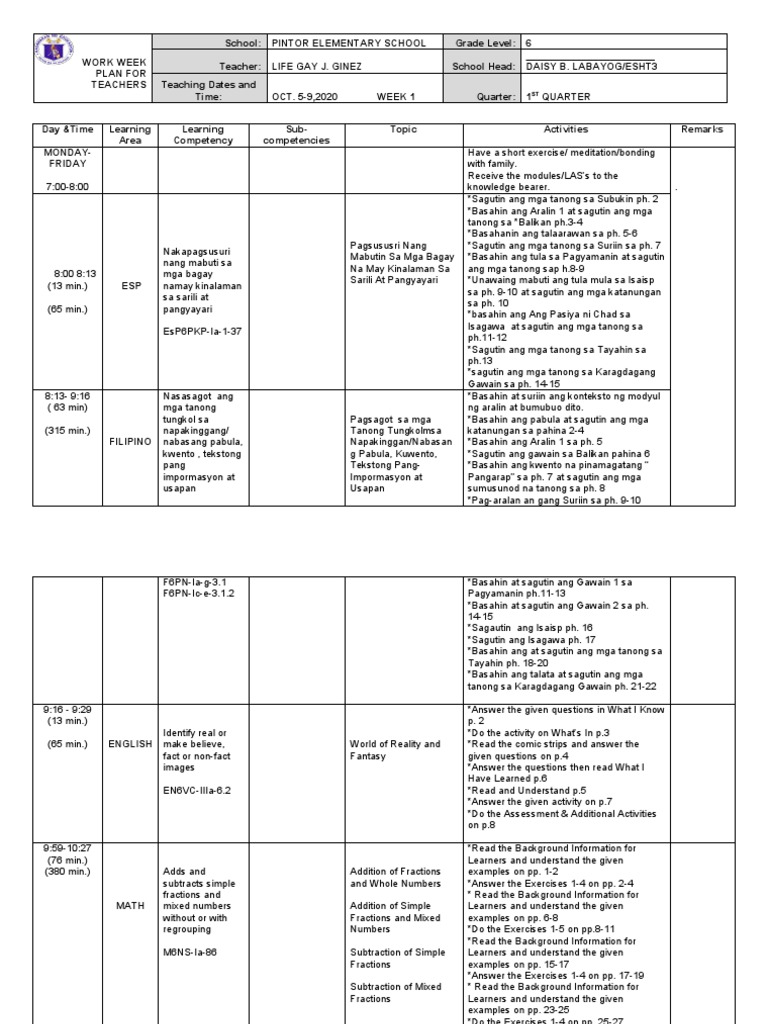 Grade-6weekly Learning Plan of Teachers (Week1) | PDF