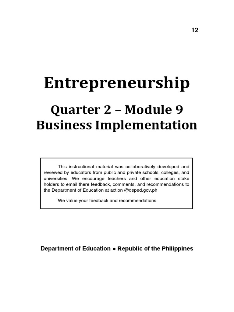 Entrepreneurship: Quarter 2 - Module 9 Business Implementation | PDF ...