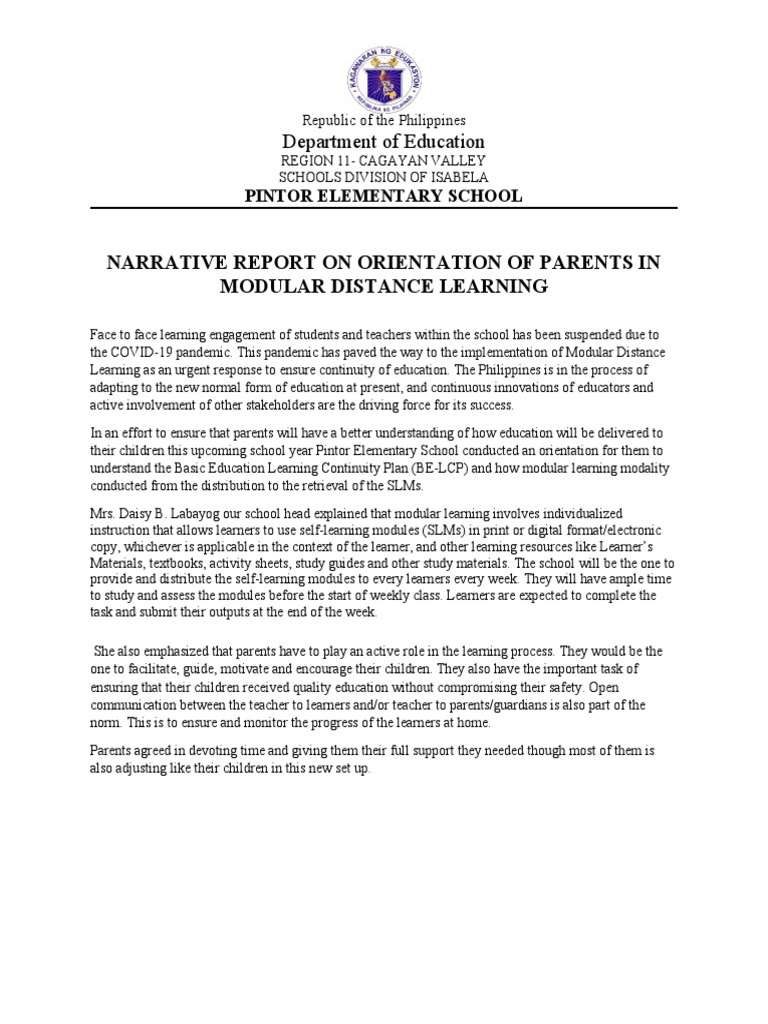 Narrative Report On Orientation of Parents | PDF | Learning | Human Nature Narrative Report On Orientation of Parents | PDF | Learning | Human Nature