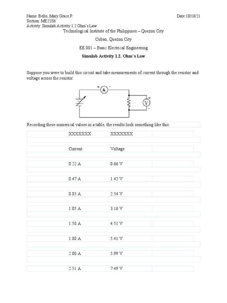 Simulab Activity 1.2. Ohm's Law-1 | PDF