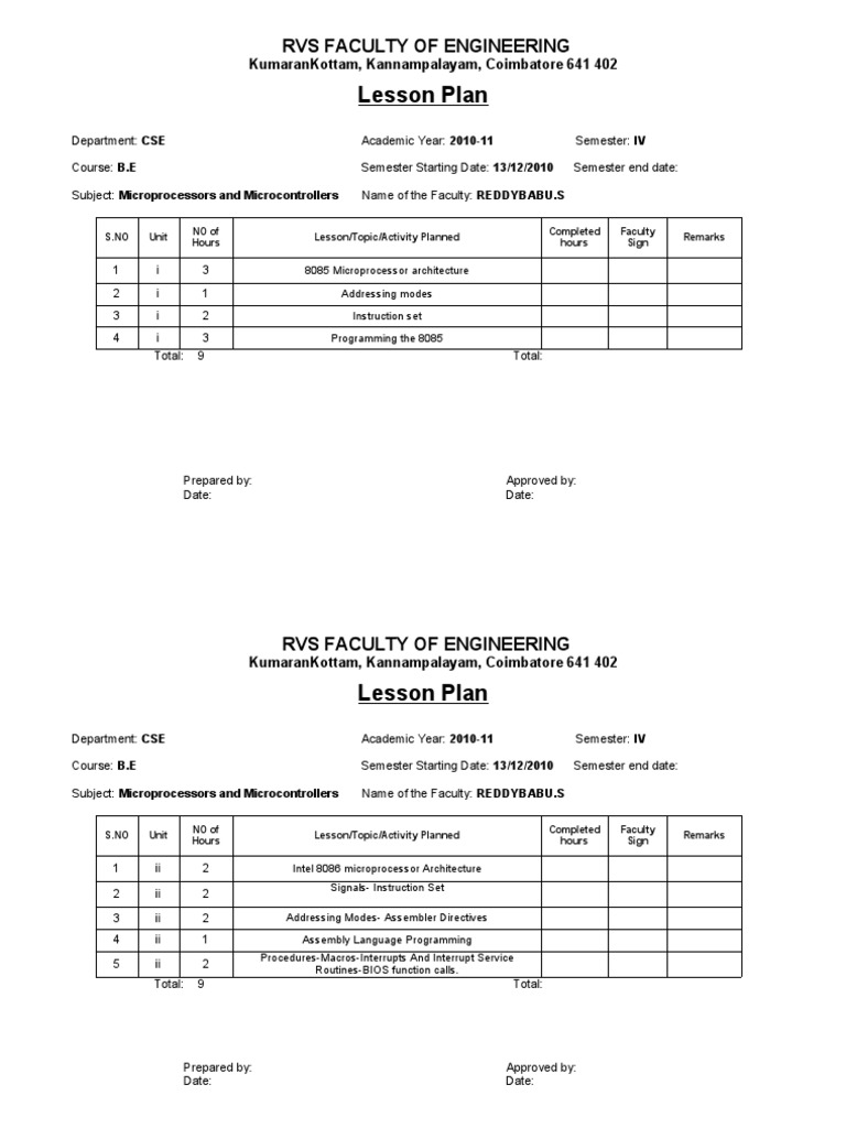 Lesson Plan: Rvs Faculty of Engineering | PDF | Microcontroller | Central Processing Unit