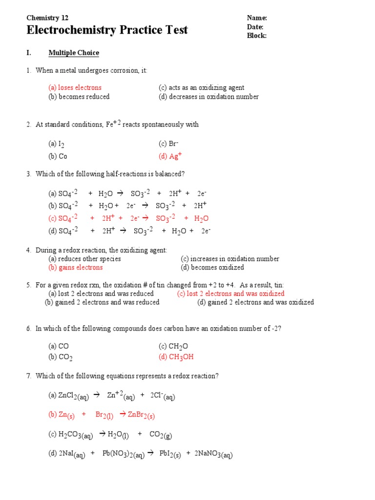 Electrochemistry Practice Test: (A) Loses Electrons | PDF | Redox ...