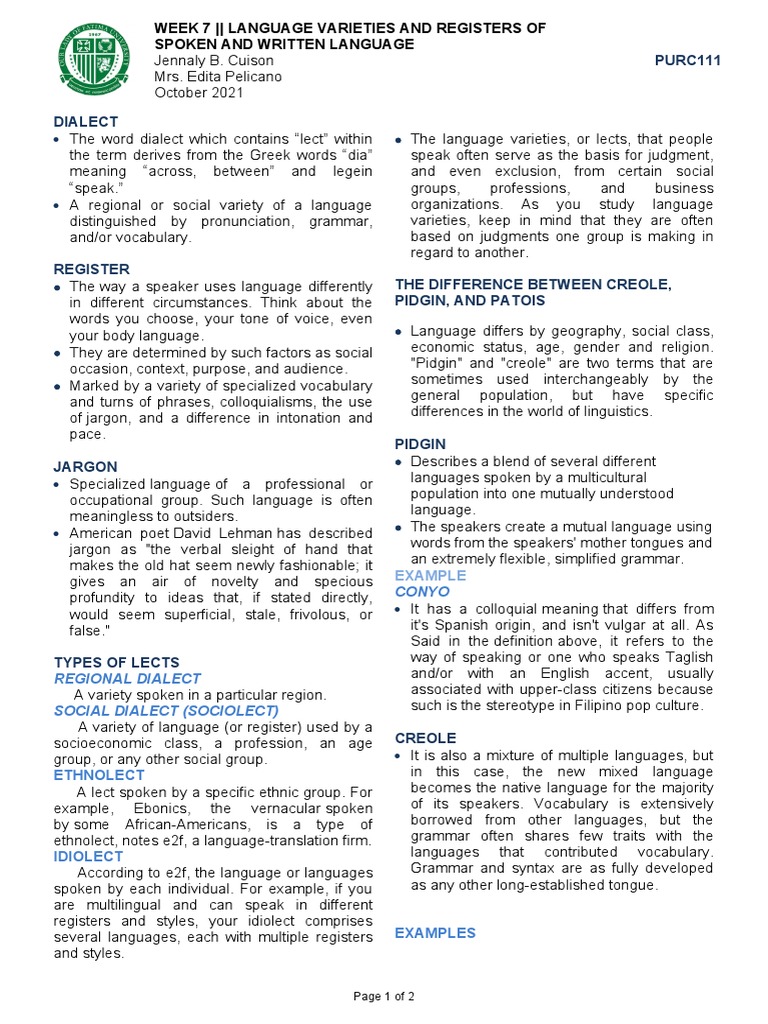 Purc Week 7 | Download Free PDF | Dialect | Languages