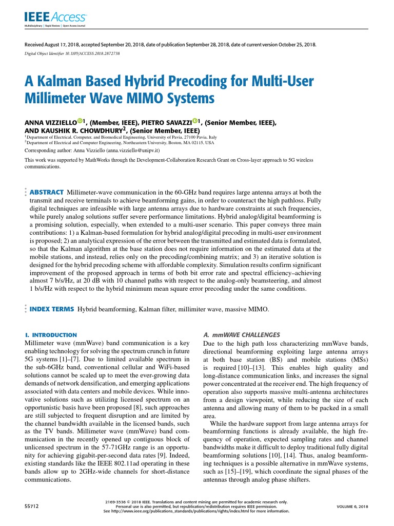 A Kalman Based Hybrid Precoding For Multi-User Millimeter Wave MIMO Systems | PDF | Mimo ...