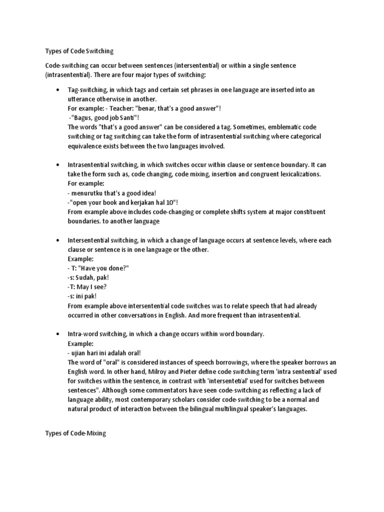 Types of Code Switching and Code Mixing | PDF | Sentence (Linguistics ...