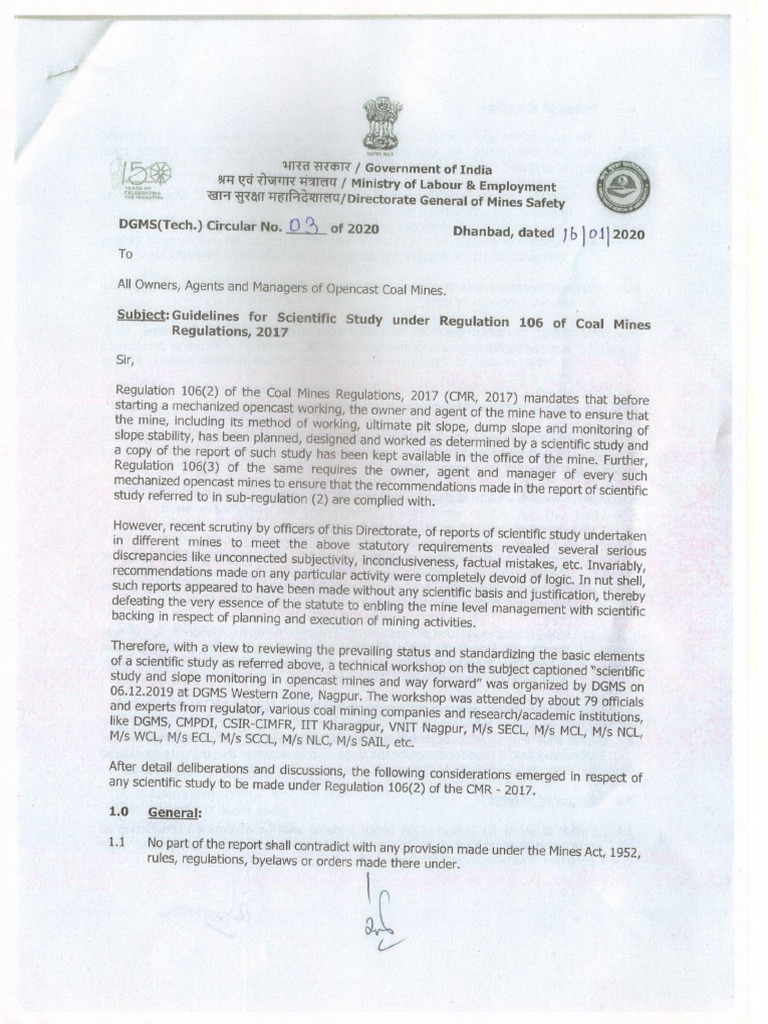 DGMS (Tech) Circular No 03 of 2020 Dated 16-01-2020 | PDF