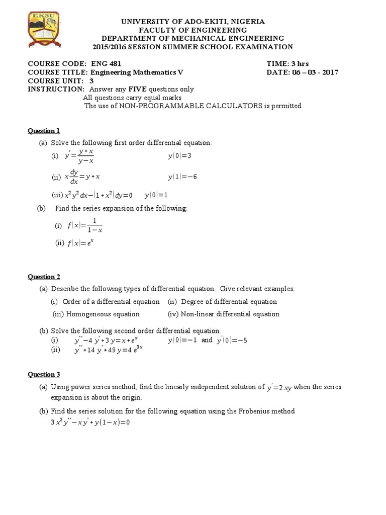 Engineering Math Exam Guide | PDF | Equations | Differential Equations