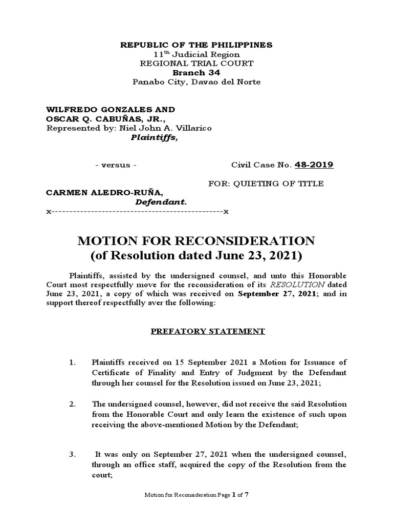 Motion For Reconsideration - Gonzales | PDF | Lawsuit | Judgment (Law)