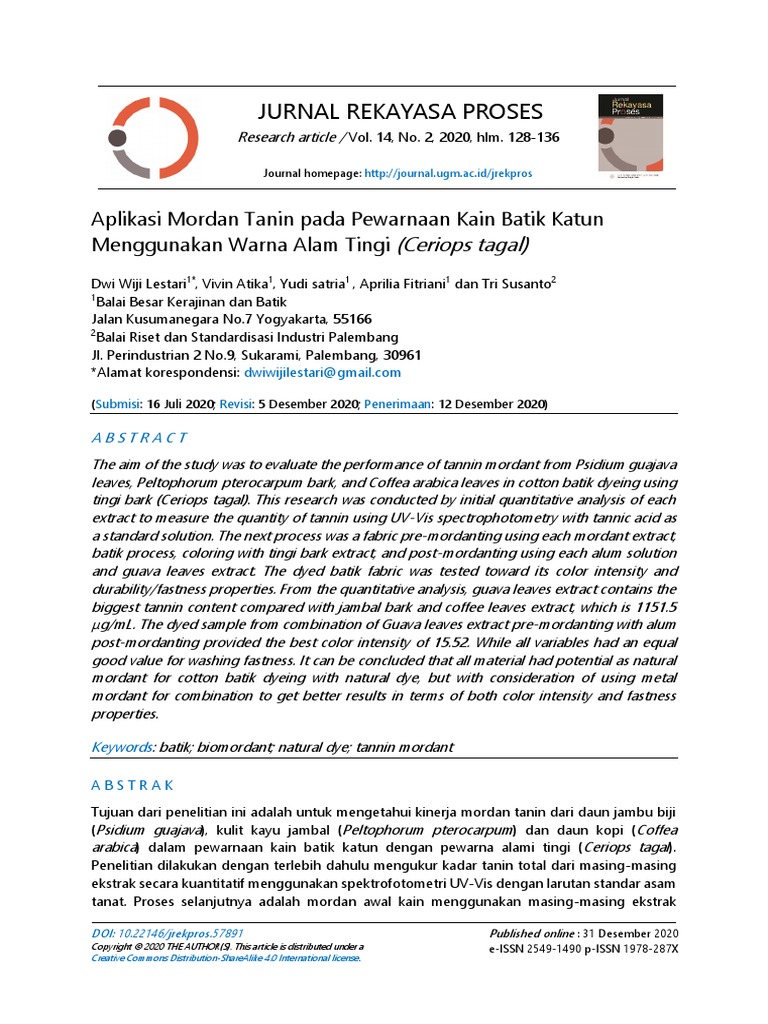 Jurnal Rekayasa Proses: Aplikasi Mordan Tanin Pada Pewarnaan Kain Batik ...