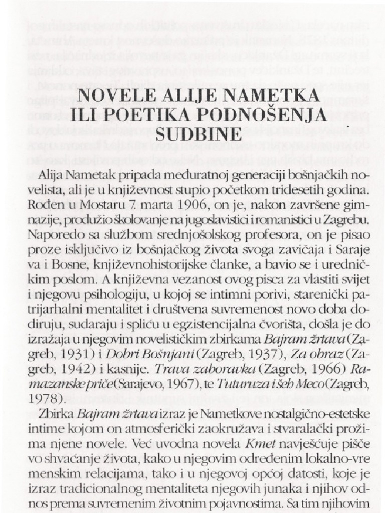 Muhsin Rizvic Novele Alije Nametka Ili Poetika Podnosenja | PDF