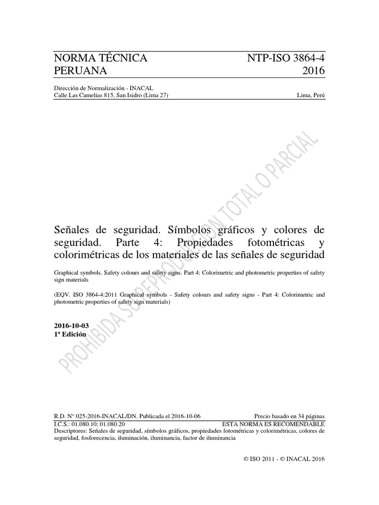 NTP-ISO 3864-4-2016 Senales de Seguridad. Simbolos Graficos y Colores ...