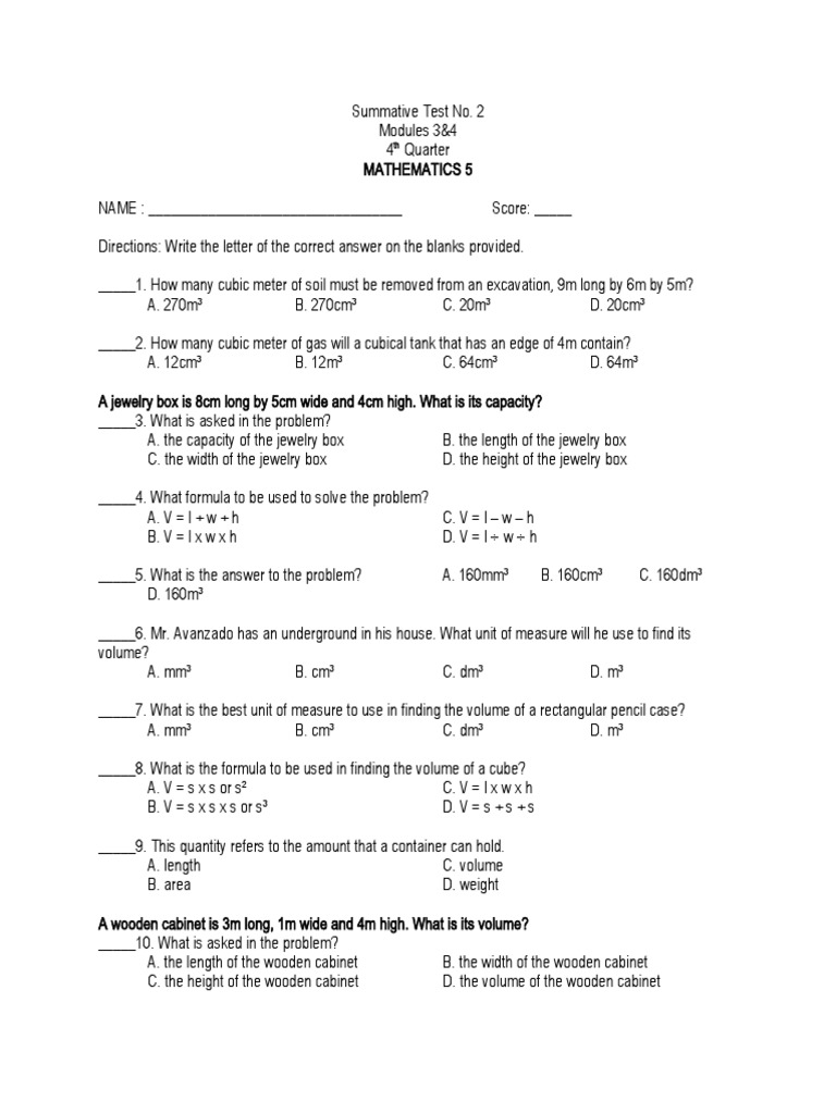 Summative Test No 2 Math | PDF | Volume | Length