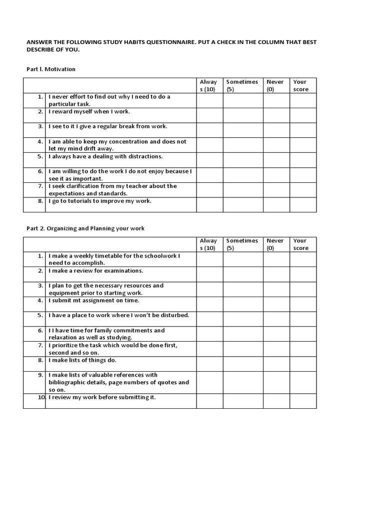 Study Habits Questionnaire Assessment | PDF | Essays | Motivation