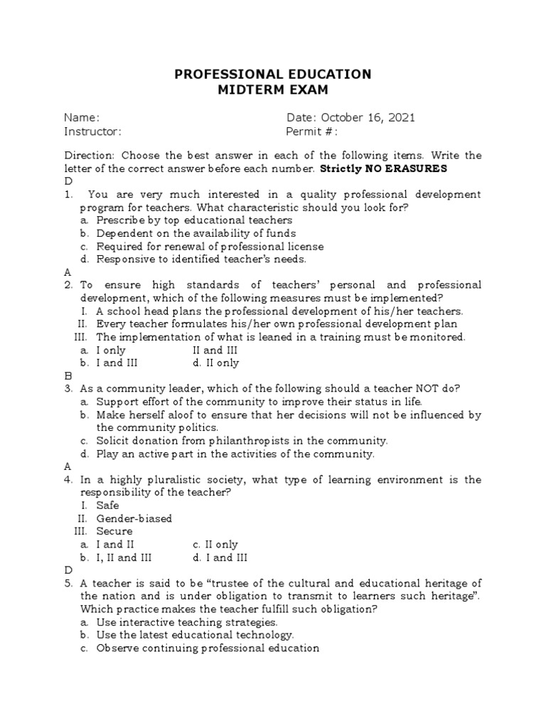 Professional Education Midterm Exam: Permit # | PDF | Teachers | Curriculum