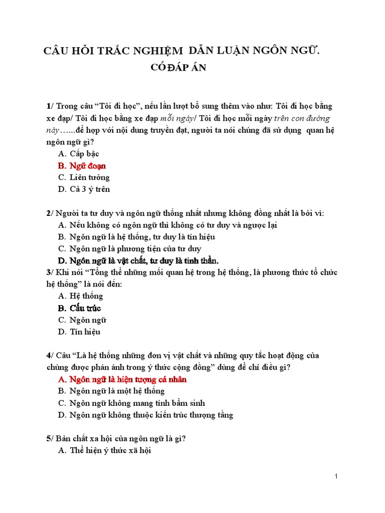 Tailieu Cau Hoi Trac Nghiem Dan Luan Ngon Ngu Co Dap An | PDF