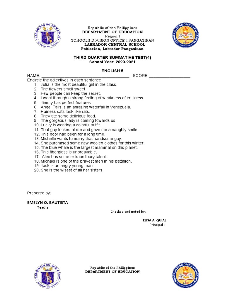 Third Quarter Summative Tests 2020-2021 | PDF