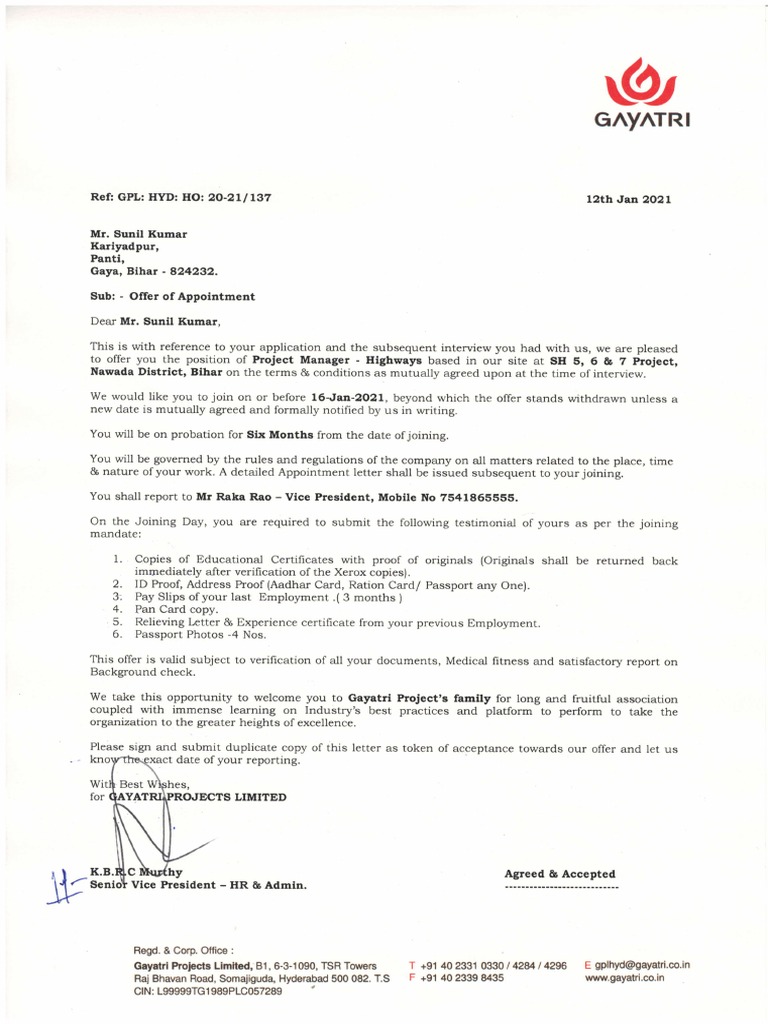 Mr. Sunil Kumar - Offer Letter and CTC Breakup | PDF | Government And ...