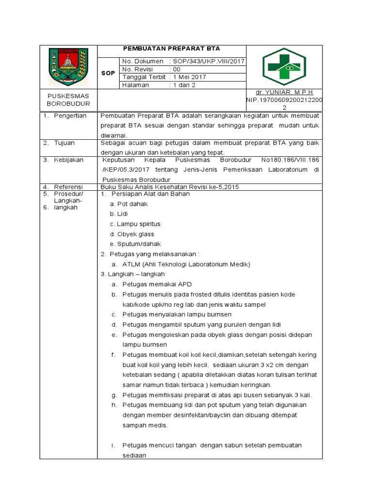 Prosedur Pembuatan Preparat BTA | PDF