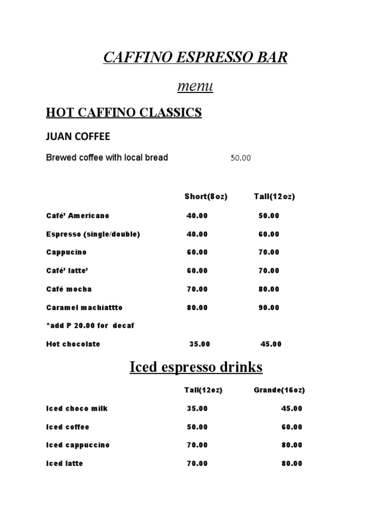 Caffino Espresso Bar Menu Overview | PDF | Cooking, Food & Wine