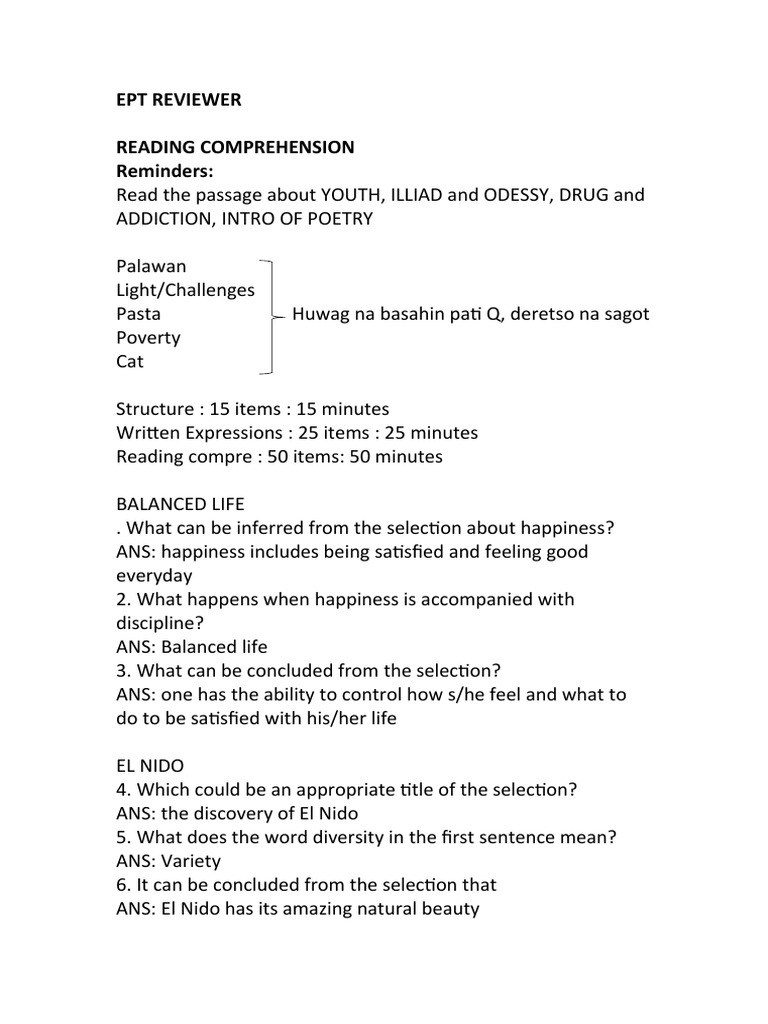 Ept Reviewer Reading Comprehension Reminders | PDF | Cyberbullying ...