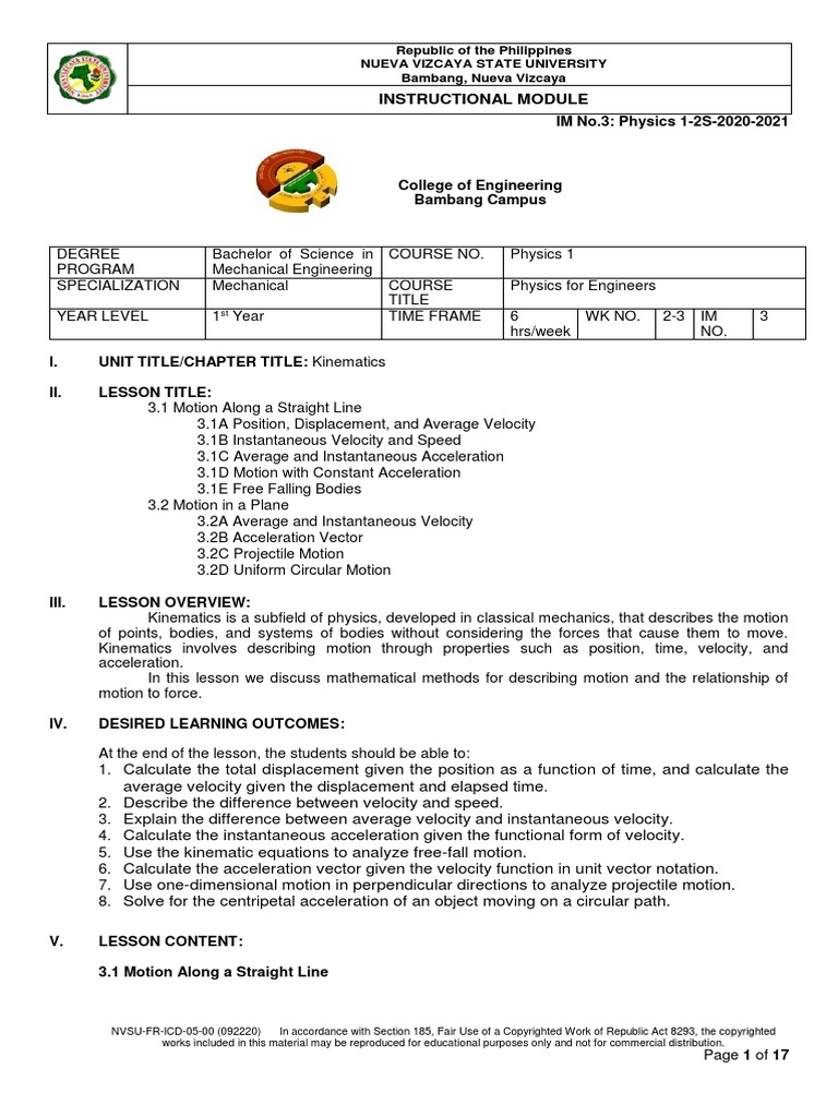Physics For Engineers IM3 | PDF | Acceleration | Velocity