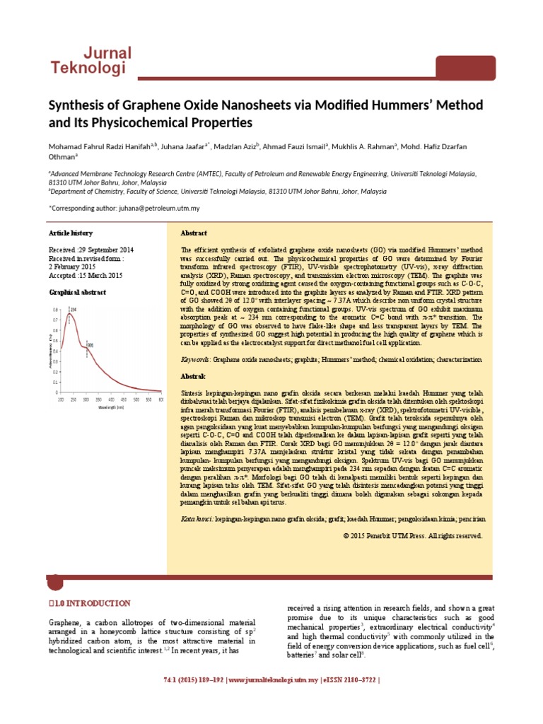 Jurnal Teknologi: Synthesis of Graphene Oxide Nanosheets Via Modified Hummers' Method and Its ...