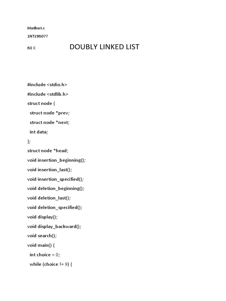 Doubly Linked List Madhuric 1nt19is077 Ise C Pdf Computer Programming Computing