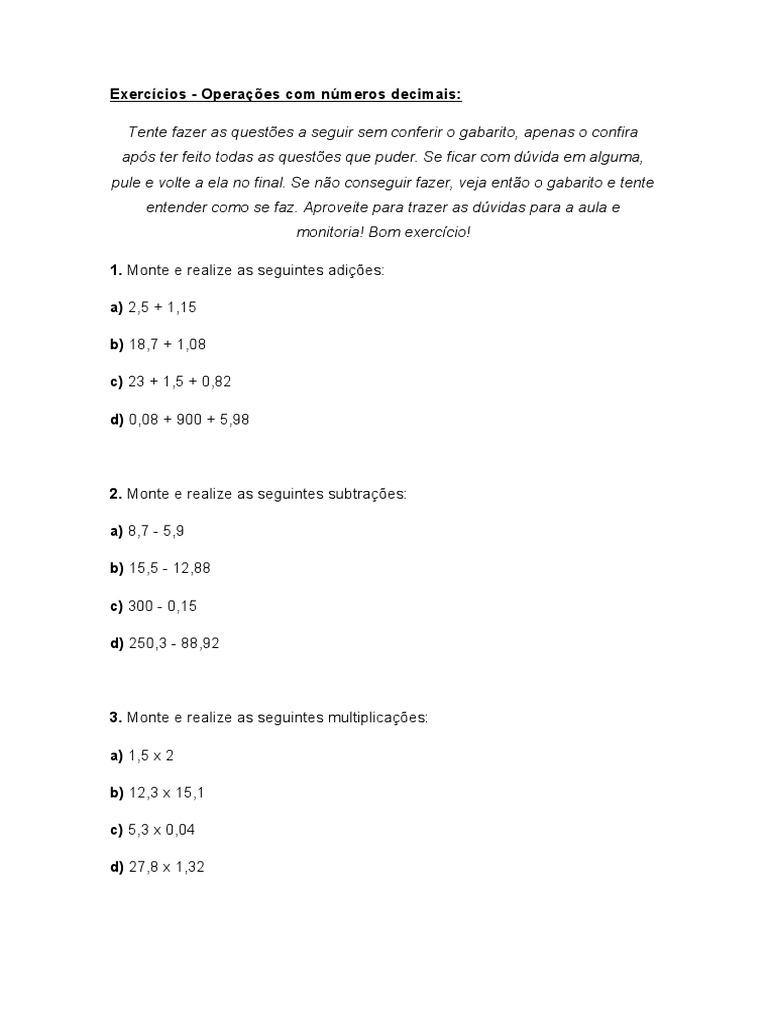 Exercícios Operações Com Números Decimais | PDF