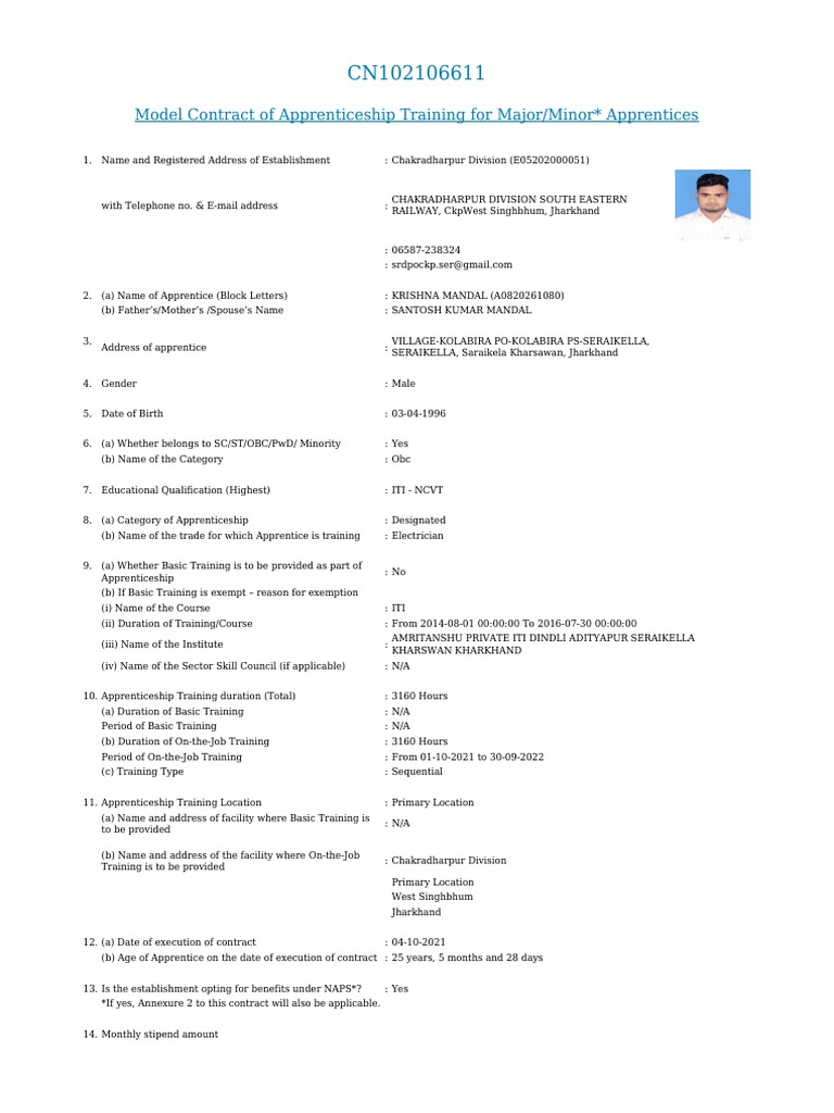 Model Contract of Apprenticeship Training For Major/Minor Apprentices ...
