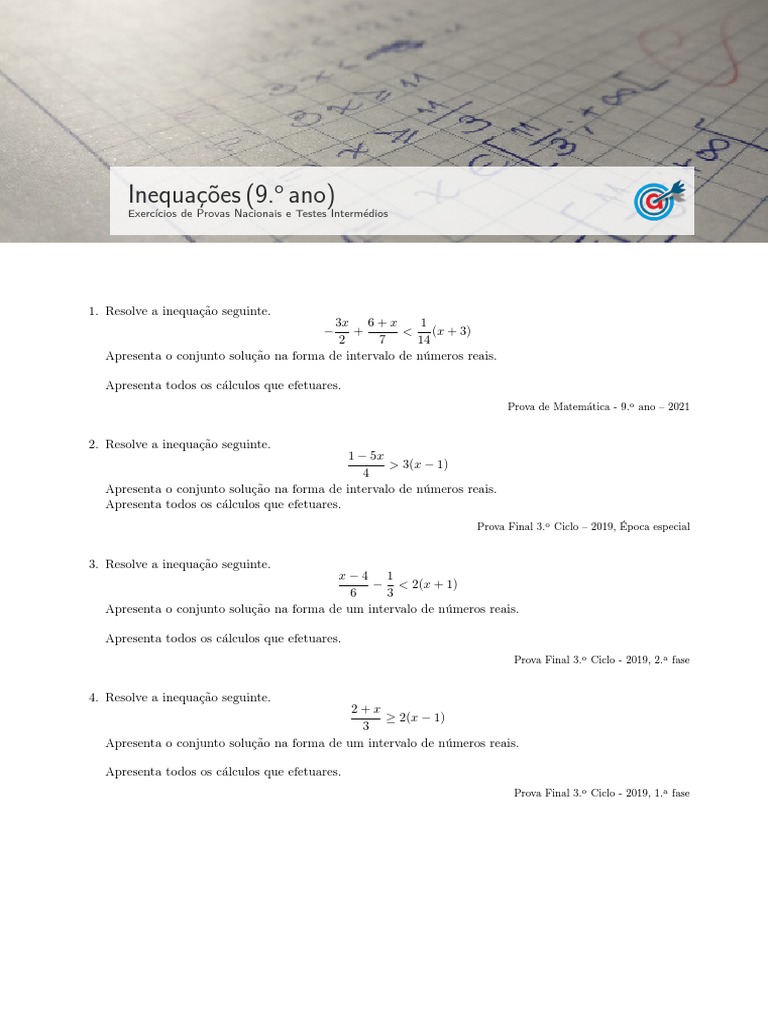 Inequações (9.º Ano) - Itens de Provas Nacionais - Enunciados (Mat ...