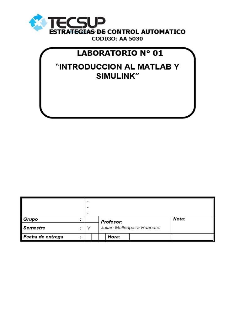 Laboratorio N°1 Introducción Al Matlab - Simulink - 2021 - 1 | PDF | Matlab | Informática