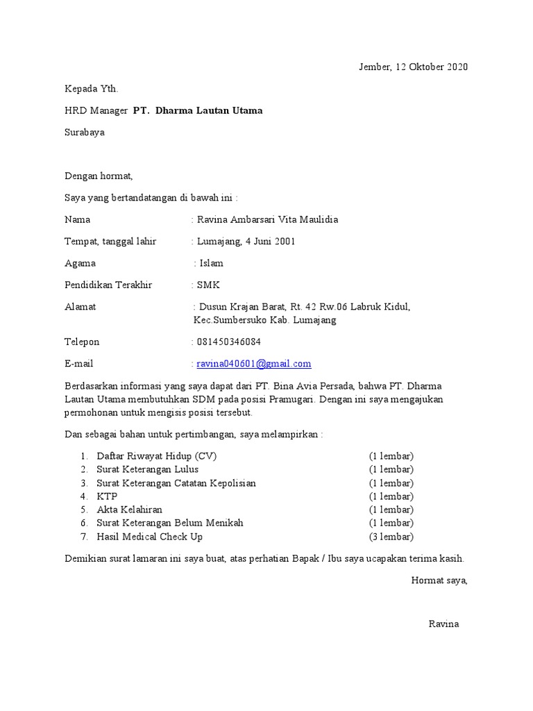 Surat Lamaran Pramugari PT Dharma Lautan | PDF