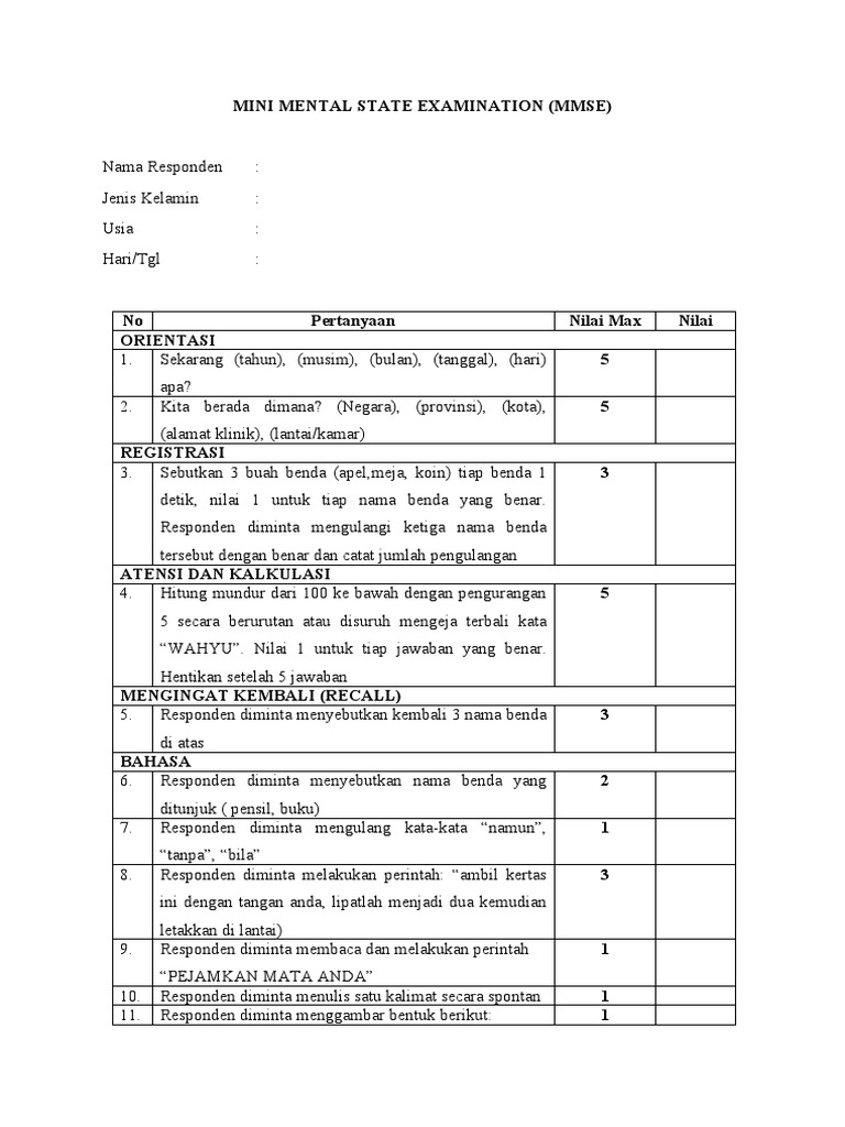 Mini Mental State Examination (Mmse) | PDF