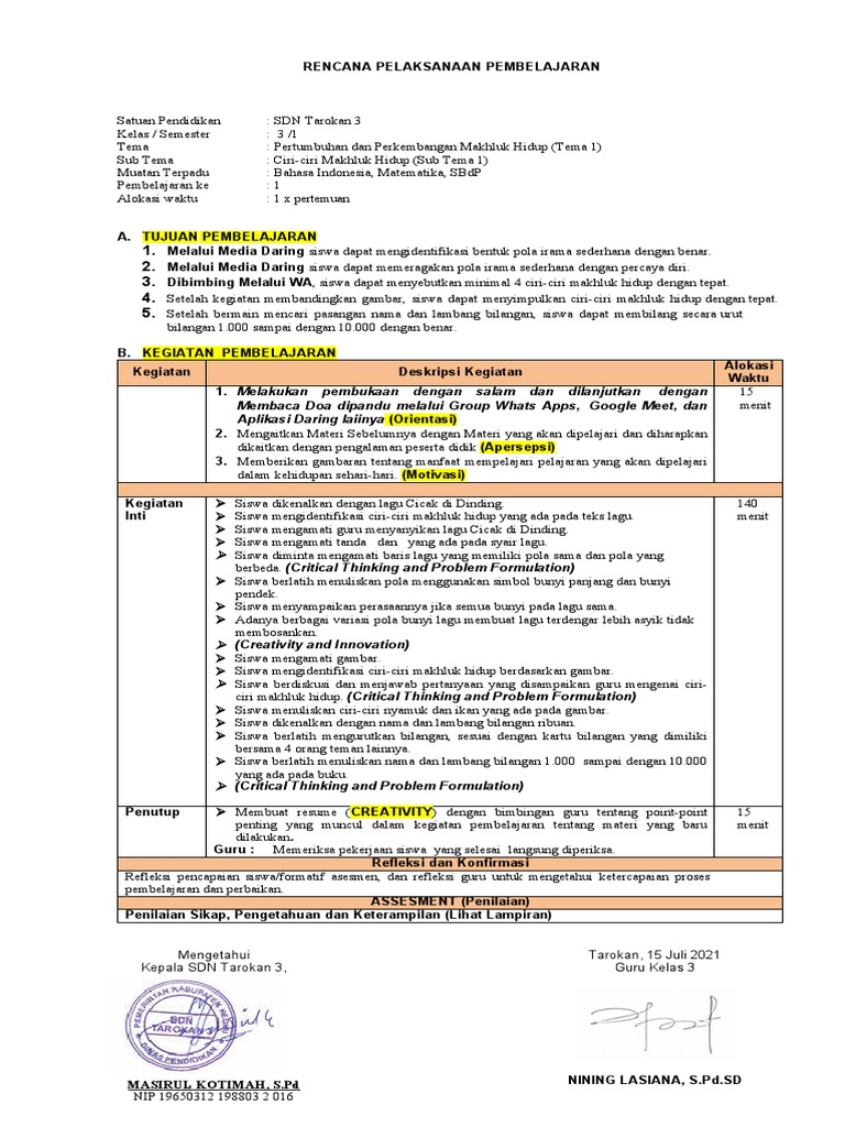 RPP Daring Kelas 3 | PDF