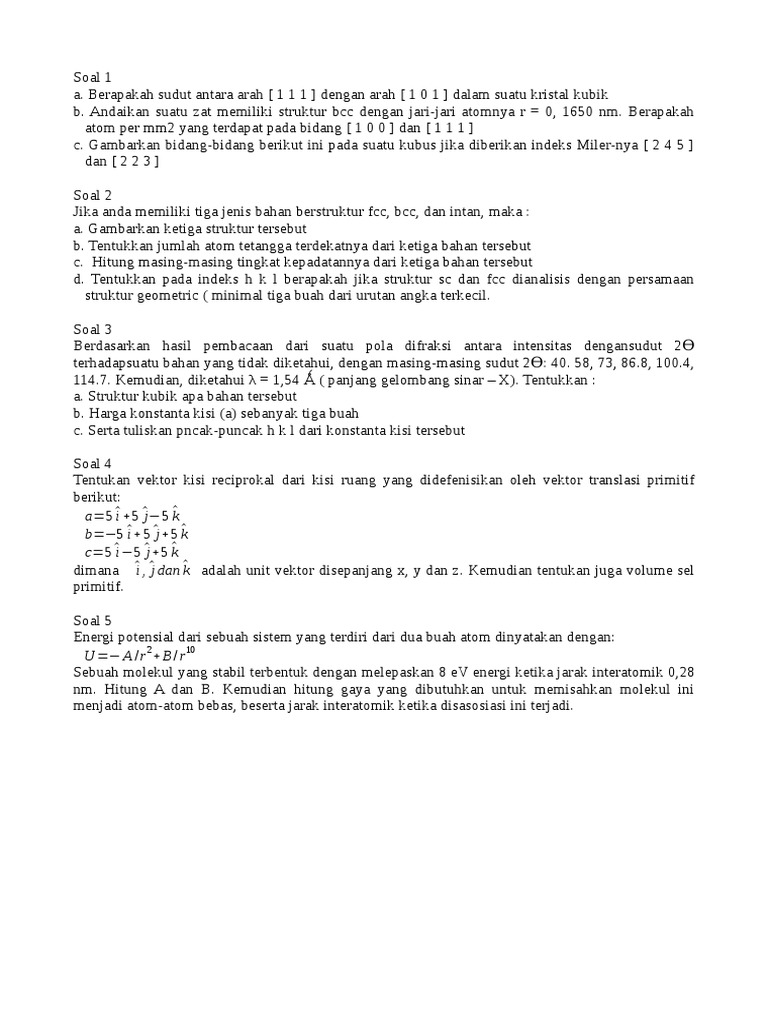 Latihan Pra Uts Fisika Zat Padat | PDF | Metode & Bahan Ajar | Sains ...