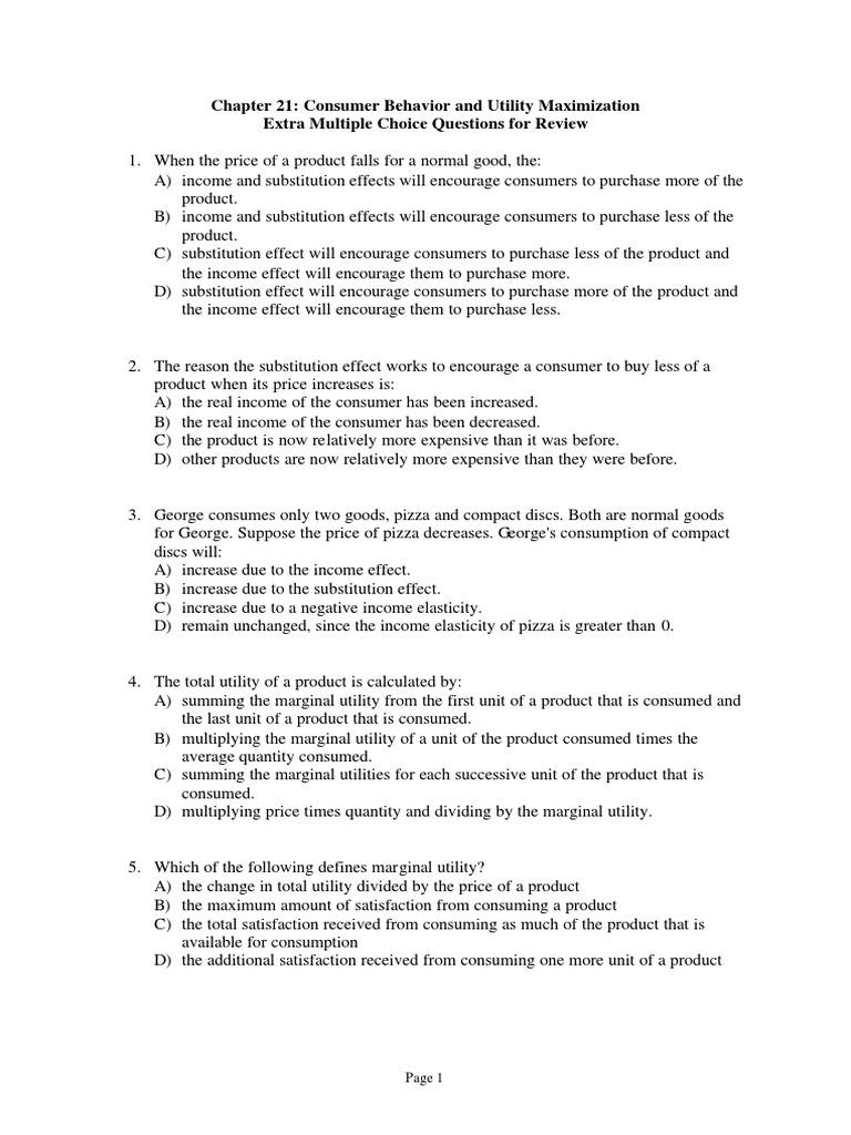 Chapter 21: Consumer Behavior and Utility Maximization Extra Multiple ...