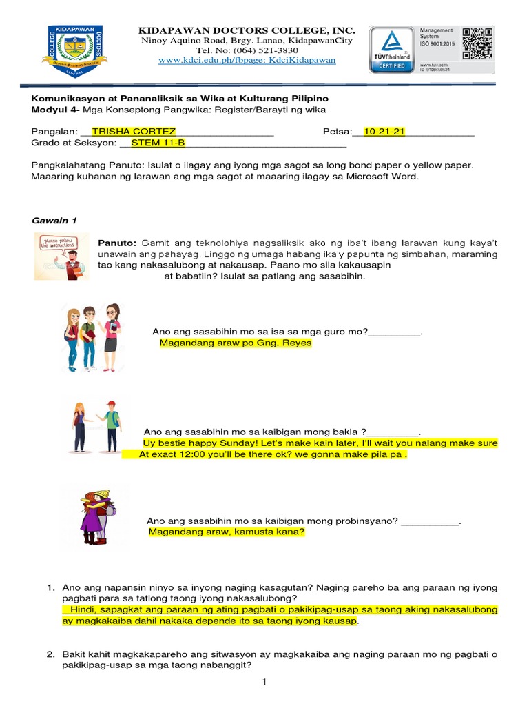 Modyul 4 Komunikasyon Pagsasanay at Pagtataya | PDF