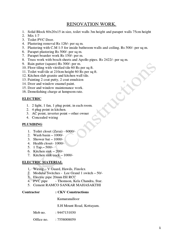 Renovation Work.: Electric | PDF