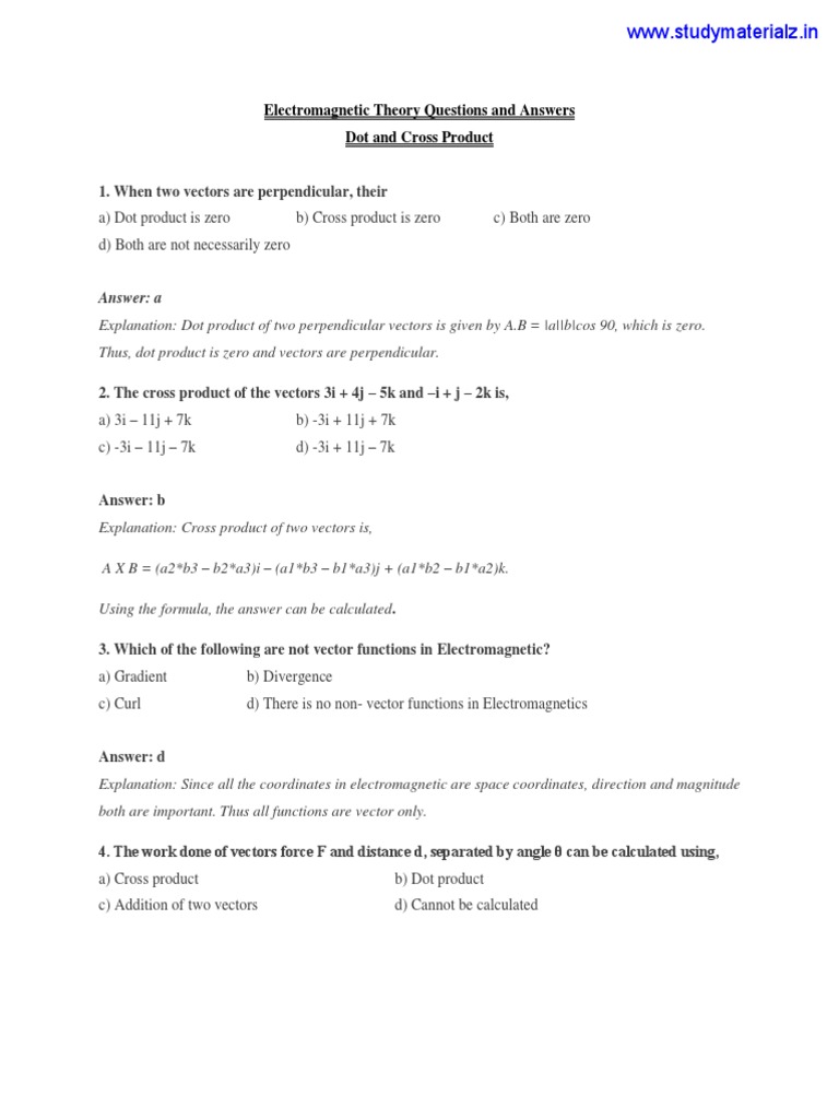 Electromagnetic Theory MCQs and Answers | PDF | Divergence | Coordinate ...