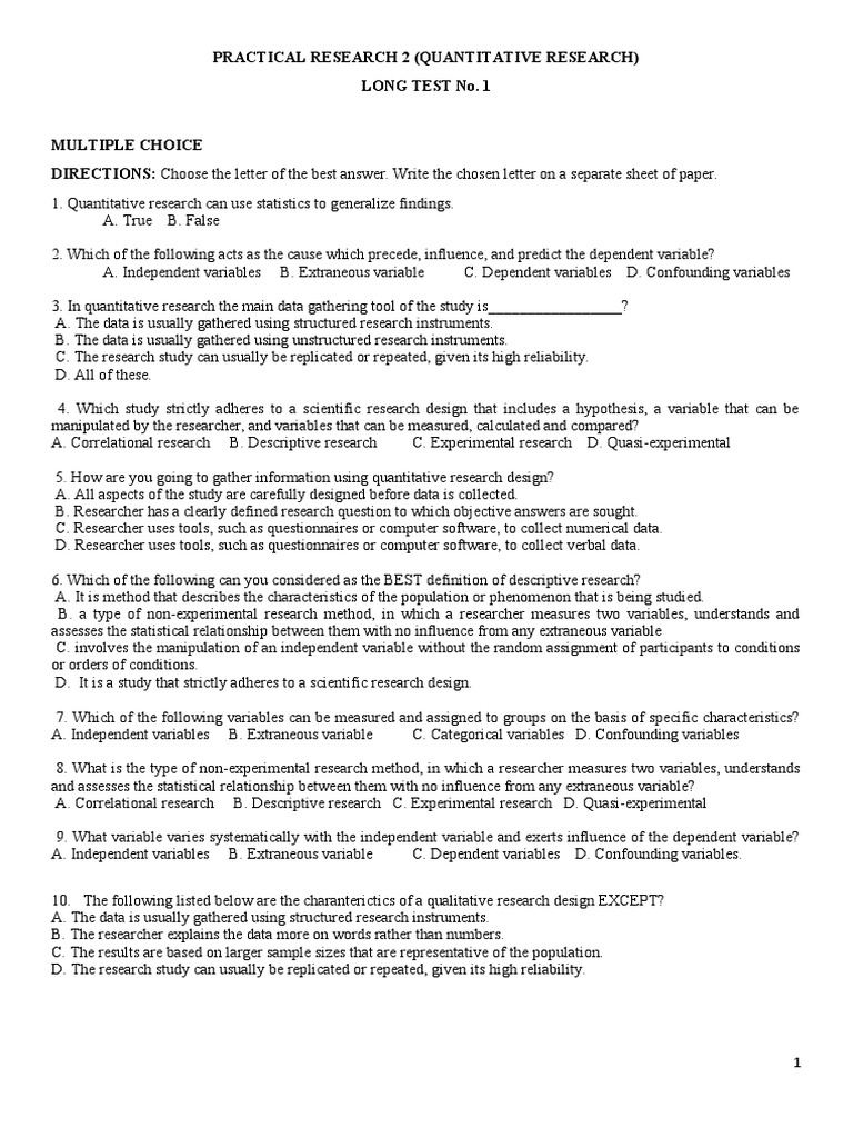 Practical Research 2 (Quantitative Research) Long Test No. 1 | PDF ...
