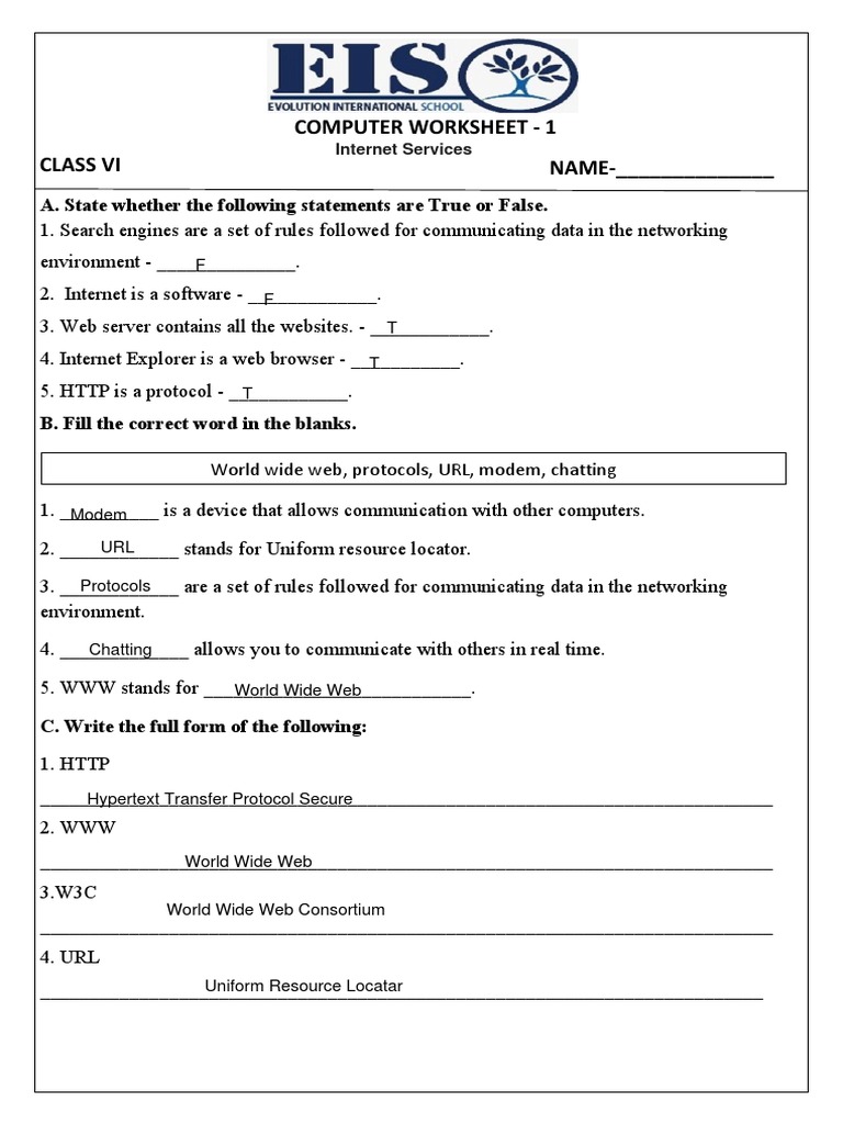 Class 6 Computer Worksheet 1 | PDF | World Wide Web | Internet & Web