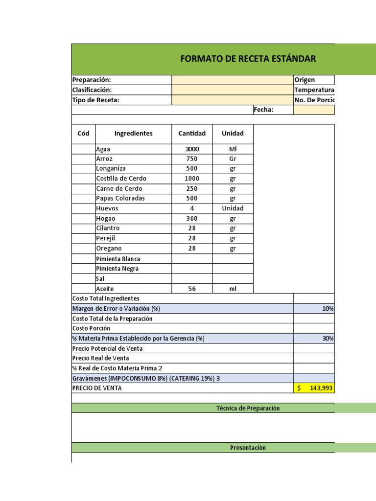 Formato Receta Estándar Formulado | PDF | Ingredientes de comida ...