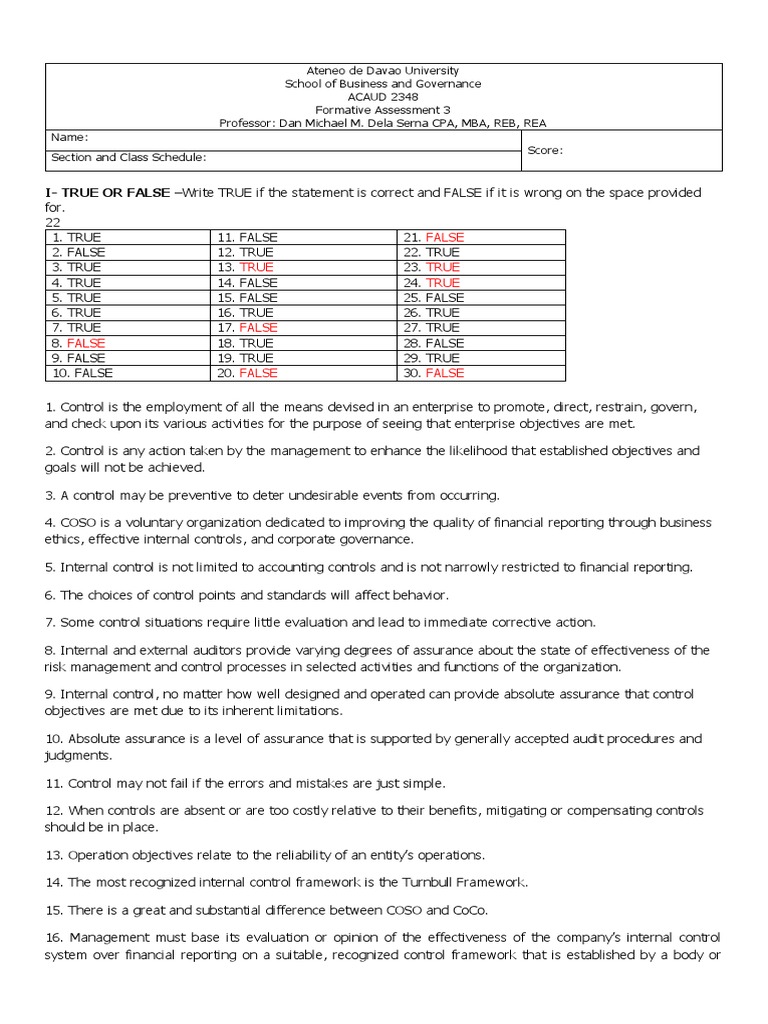Formative Assessment 3 - ACAUD 2348 | PDF | Internal Control | Audit