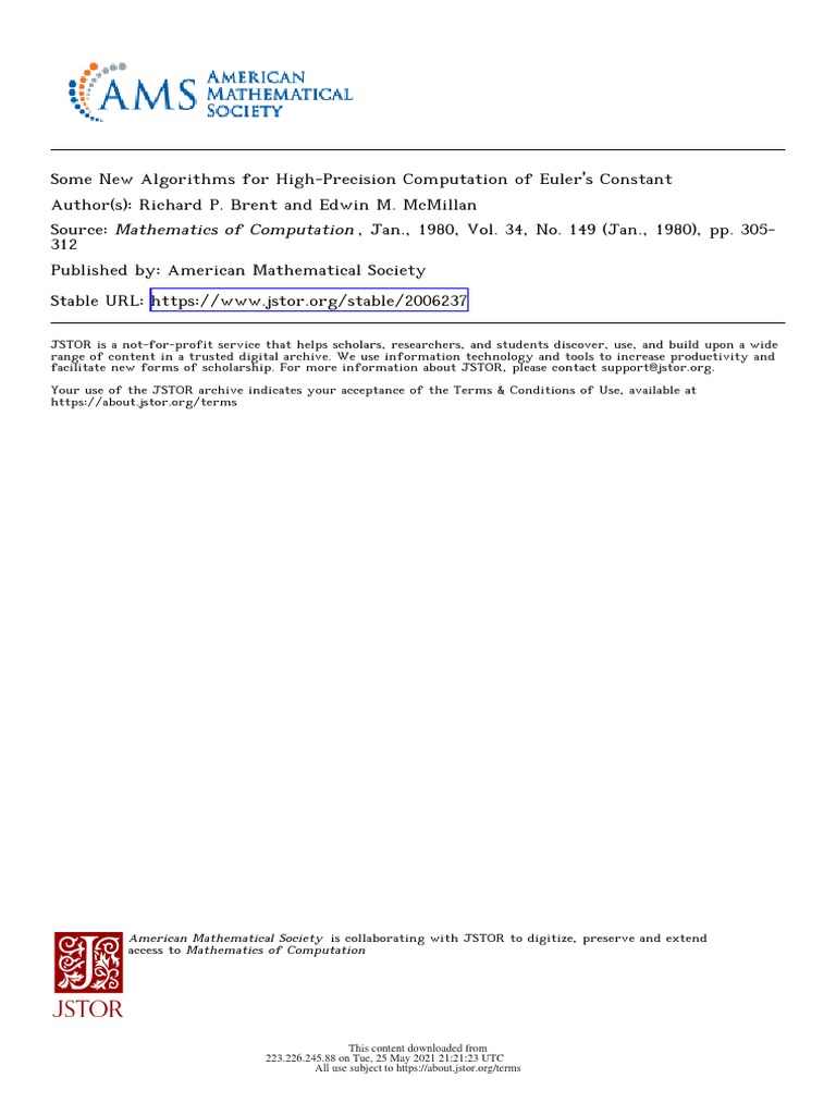 Brent and McMillan - 2021 - Some New Algorithms For High-Precision Computation | PDF ...