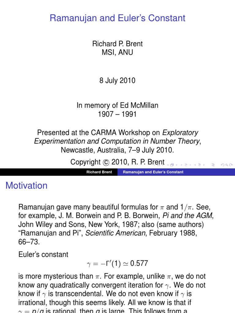 Brent - 1994 - Ramanujan and Euler's Constant | PDF | Pi | Numbers