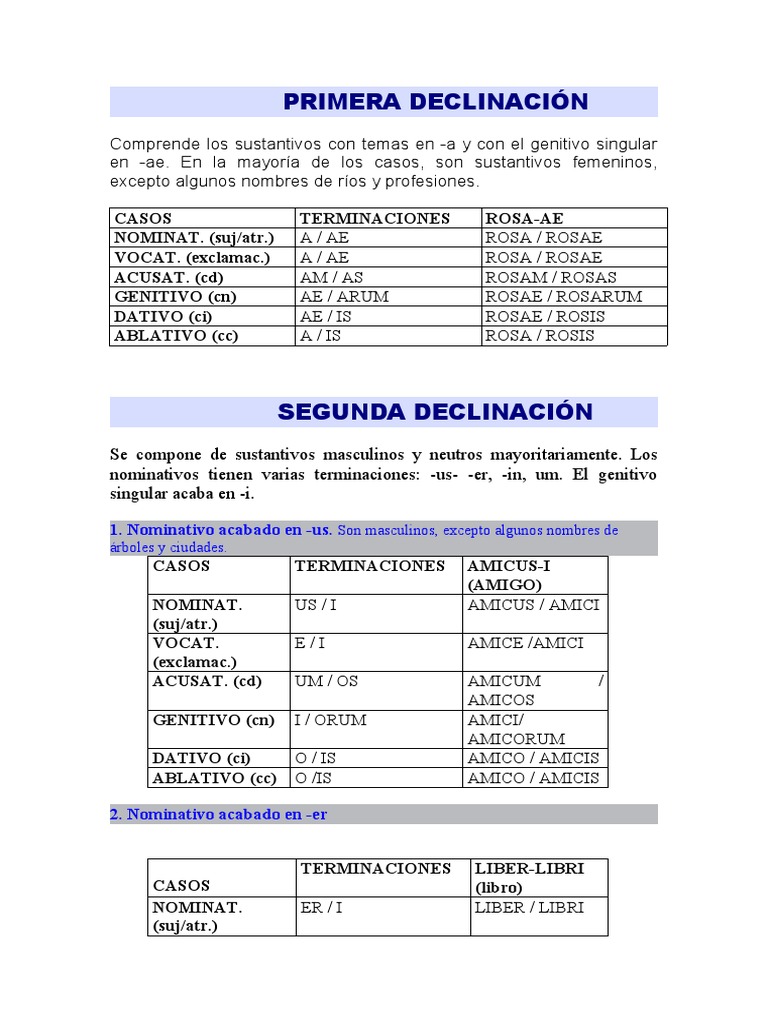 Declinaciones en Latín: Primera a Quinta | PDF | Morfología | Tipología ...