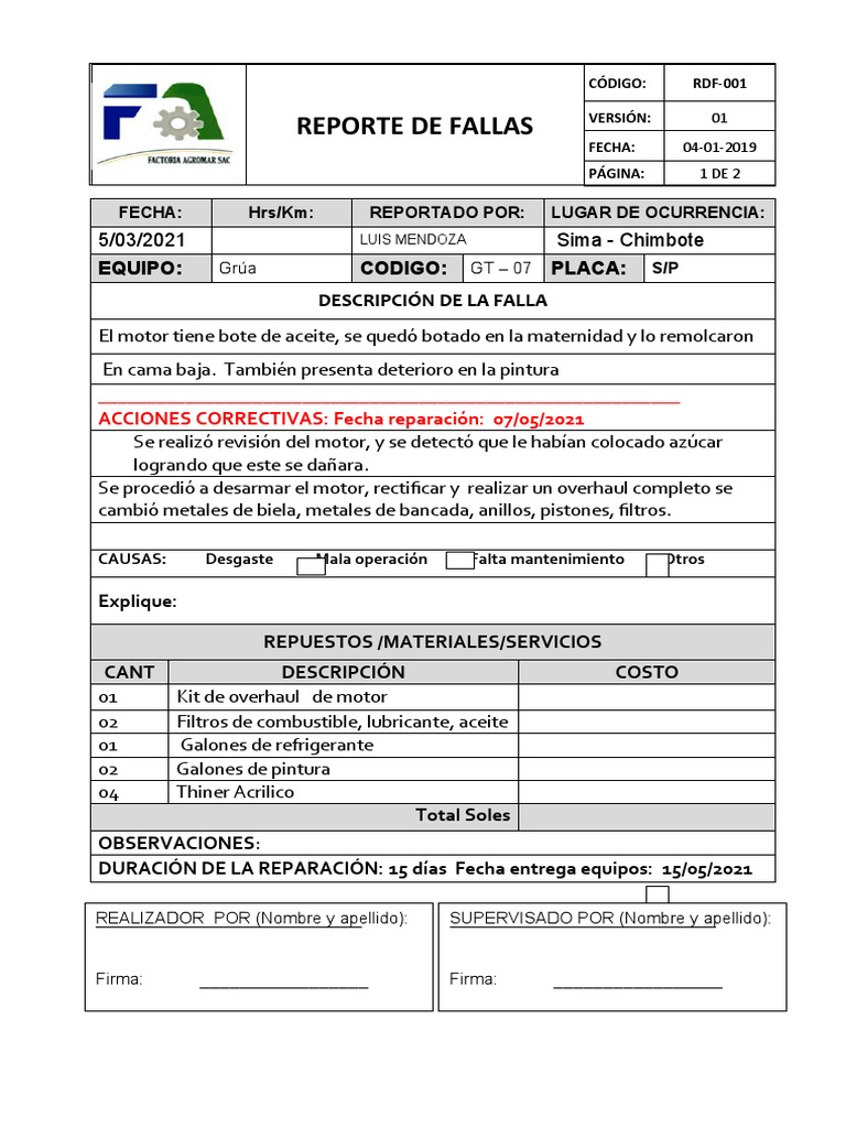 Reporte de Fallas Ultimo | PDF | Vehículos