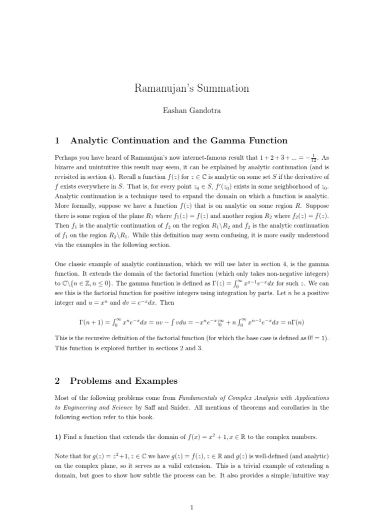 Ramanujan's Summation: 1 Analytic Continuation and The Gamma Function | PDF | Prime Number | Pi
