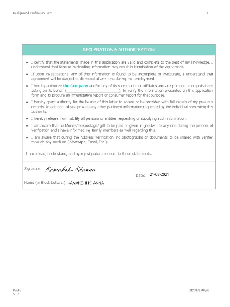 Declaration & Authorisation: The Company | PDF