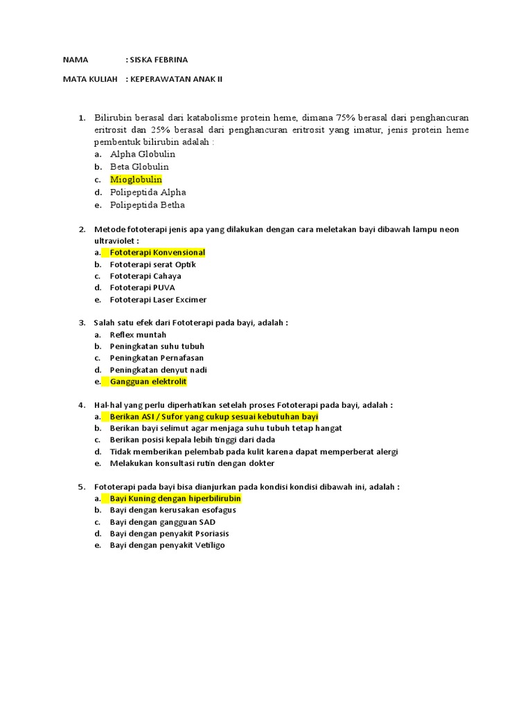 Tugas Soal Kep - Anak (Fototerapi) Siska Febrina | PDF